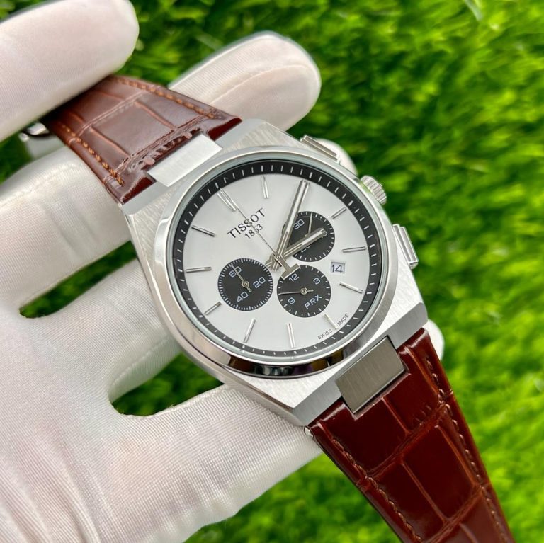 Tissot PRX Chronograph Silver Panda Dial Leather Watch - Akin's Dials