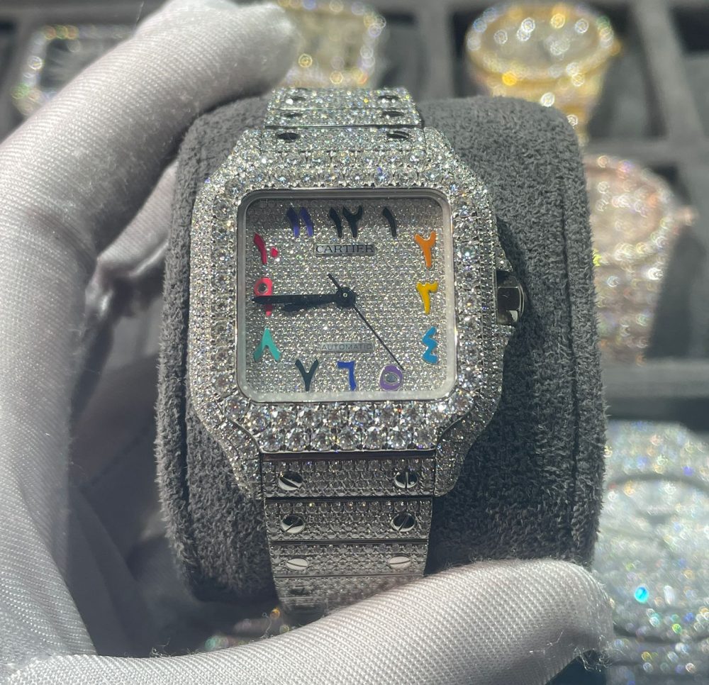 Cartier Santos Rainbow Dial Moissanite Bustdown - Akin's Dials